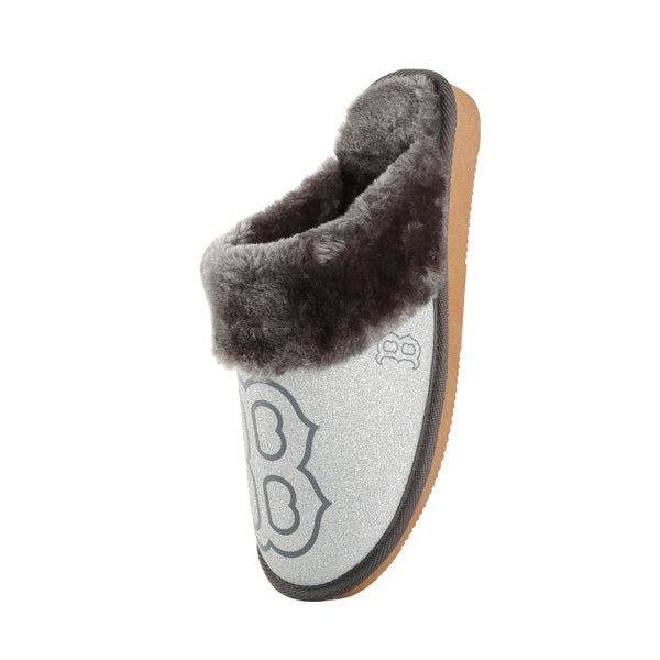 Boston Red Sox MLB Womens Glitter Open Back Fur Moccasin Slippers